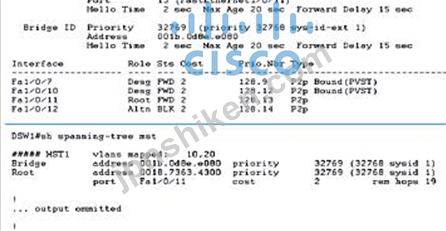 350-401J認証試験質問13：展示を参照してください。 (Exhibit) DSW1 が VLAN 10 および 20 のルート ブリッジ ...