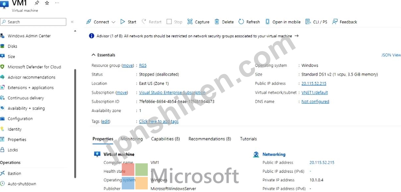 AZ-104J試験対策質問203：Windows Server 2019 を実行する VM1 という名前の Azure VM を作成します。 VM1 は、図に示すように構成されています。([図 ...