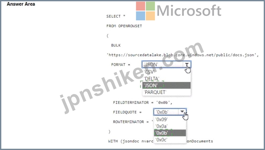 DP-203J専門知識質問5：Azure Synapse サーバーレス SQL プールがあります。 OPENROWSET 関数を使用して、ファイルから JSON ドキュメントを読み取る必要が ...