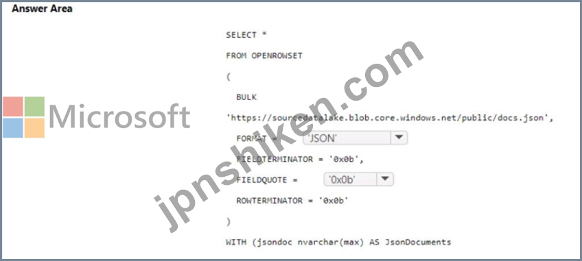 DP-203J専門知識質問5：Azure Synapse サーバーレス SQL プールがあります。 OPENROWSET 関数を使用して、ファイルから JSON ドキュメントを読み取る必要が ...