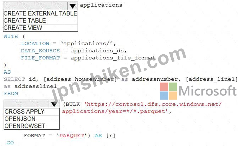 Dp 300j資格参考書質問30：azure Synapseanalyticsサーバーレスsqlプールにデータベースを構築しています 