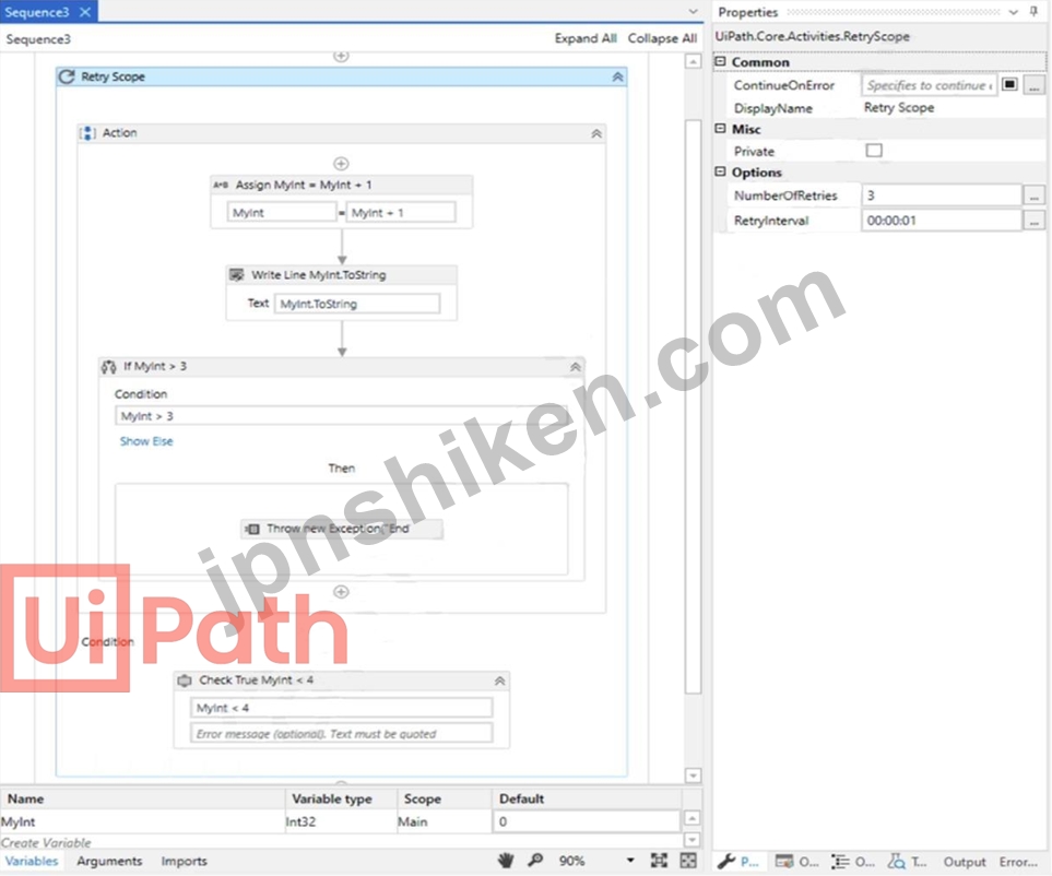 UiPath-ARDv1-JPN問題例質問123：開発者は、次の図に示すように、Retry Scope を使用してシーケンスを作成しました ...